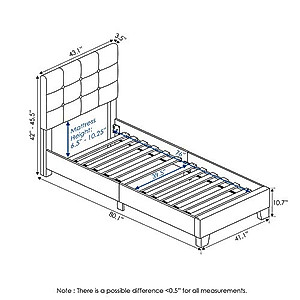 Furinno Laval Button Tufted Upholstered Platform Bed Frame, Twin, Stone