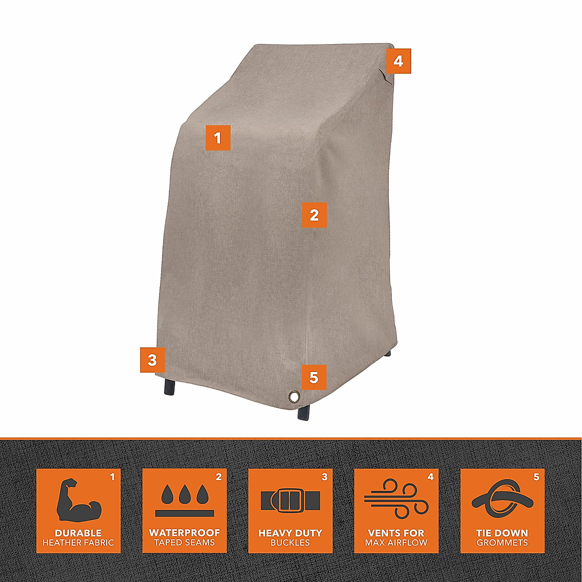 Modern Leisure Garrison Stackable/High Back Bar Chair Cover - Weather-Resistant Fabric - Outdoor Furniture Protection Perfect for Patio, Deck, and Porch - 27" L x 27" W x 49" H - Sandstone