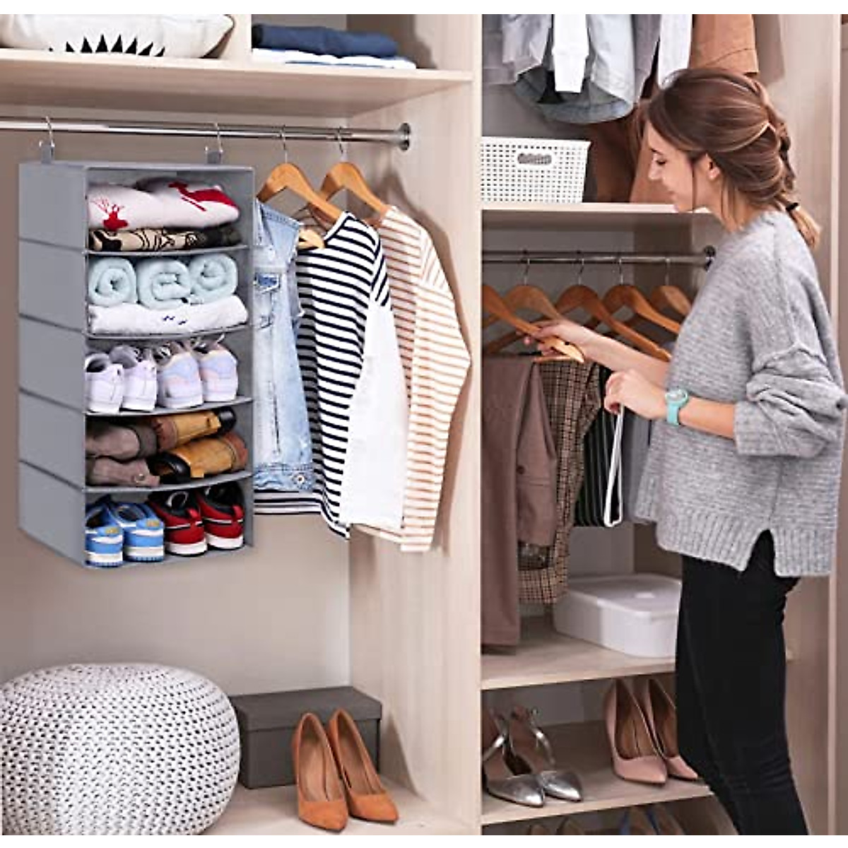 KEETDY Hanging Shoe Organizer to Store 10 Pairs Shoes 5- Shelf Shoe Rack for Closet for Small Space Storage Bedroom, Dorm, Grey