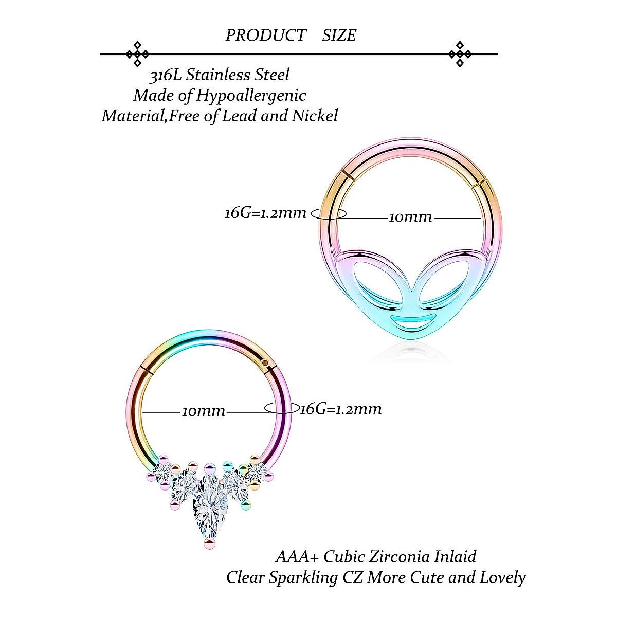 Vsnnsns 16G Septum Rings Piercing Jewelry Skull Septum Jewelry CZ Clicker Ring Stainless Steel Septum Hinged Segment Nose Rings Hoop Piercing Jewelry for Men Women 10mm Rainbow 9pcs