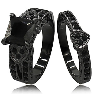 Jude Jewelers Black Rhodium Plated Princess Cut Heart Shape Wedding Engagement Bridal Ring Set (Black, 6)