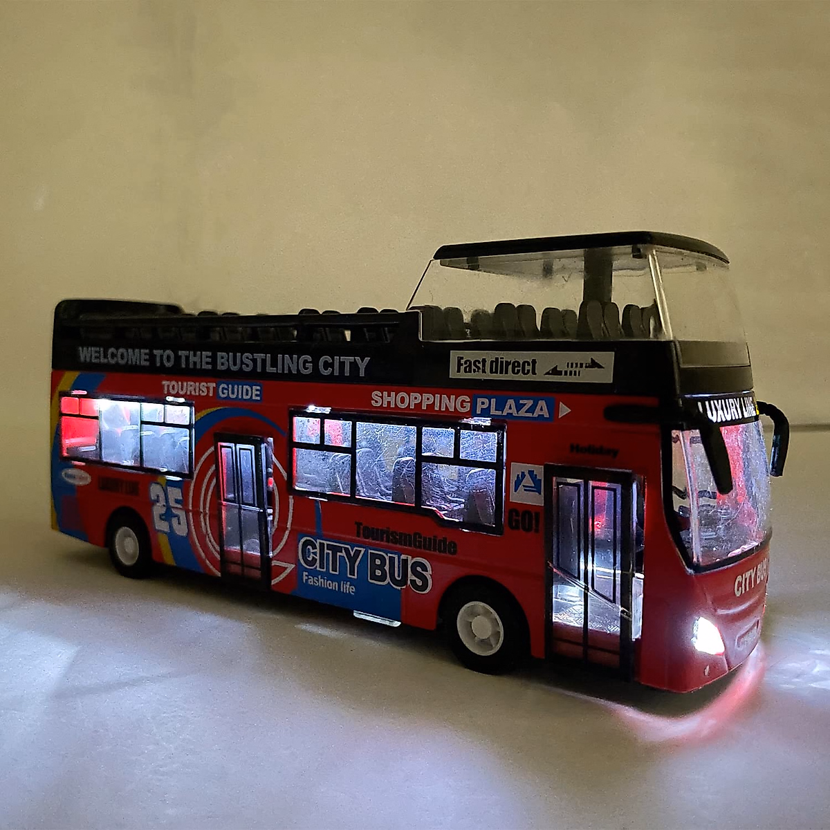 Liberty Imports 1:32 Scale Die Cast Sightseeing Tour Bus Toy Pull Back Vehicles | Mini Double Decker Tourist Open Top Bus Model Car | Pullback Action Toys with Lights and Music (Red)