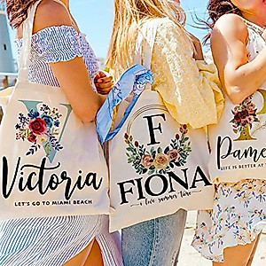 Wedding Canvas Bag Gift for Bridesmaid - Personalized Floral Tote Bags w/Name Text - 8 Designs - Customized Initial Shoulder Bag - Custom Bridal Shower Party Bachelorette Party Gift for Women Girls C1