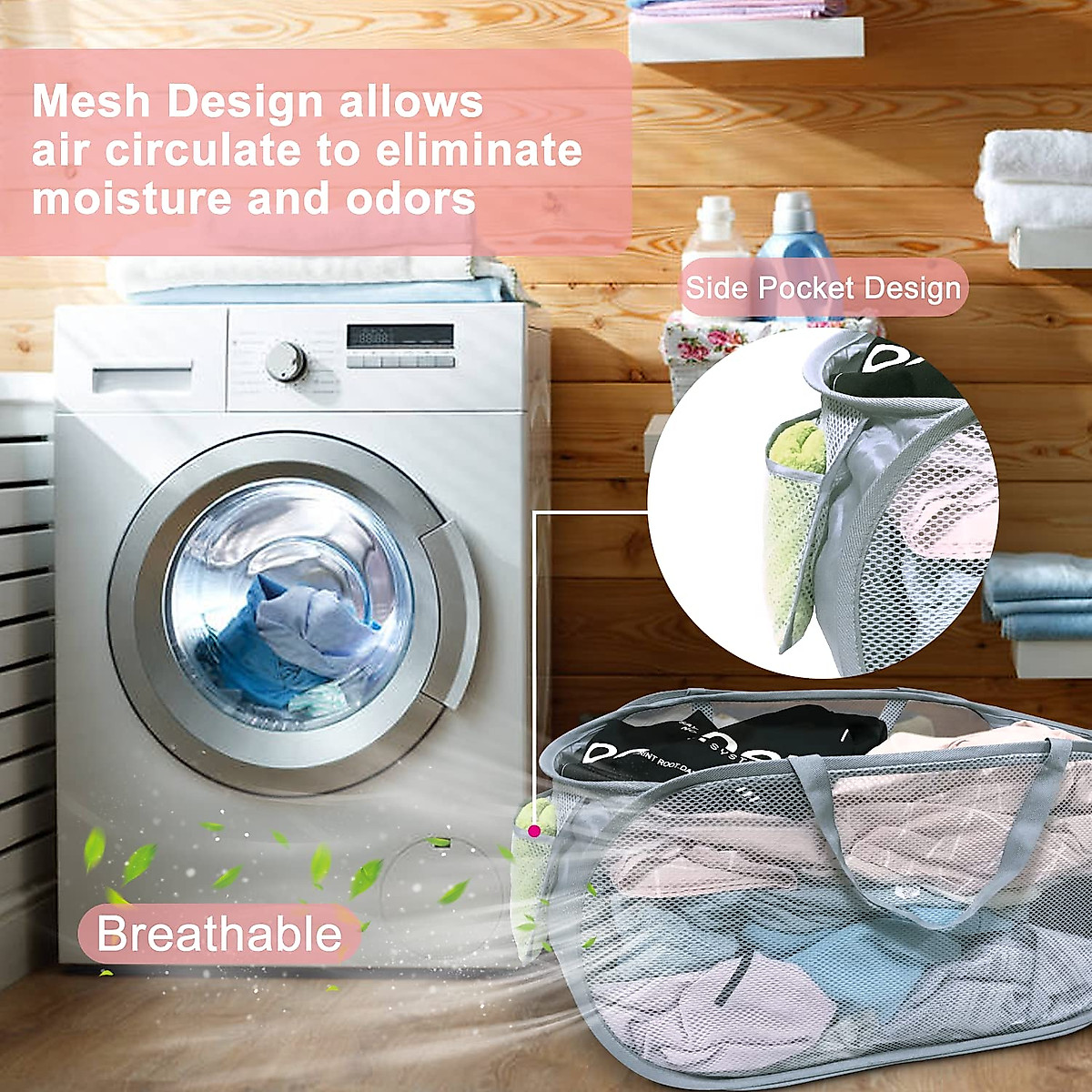 BYETIVE 2 PCS Mesh Laundry Hamper,Collapsible Laundry Baskets,75L Large Foldable Dirty Laundry Clothes Hamper Storage Basket Horizontal with Side Pocket&carry Handle for Home,Laundry,Travel grey