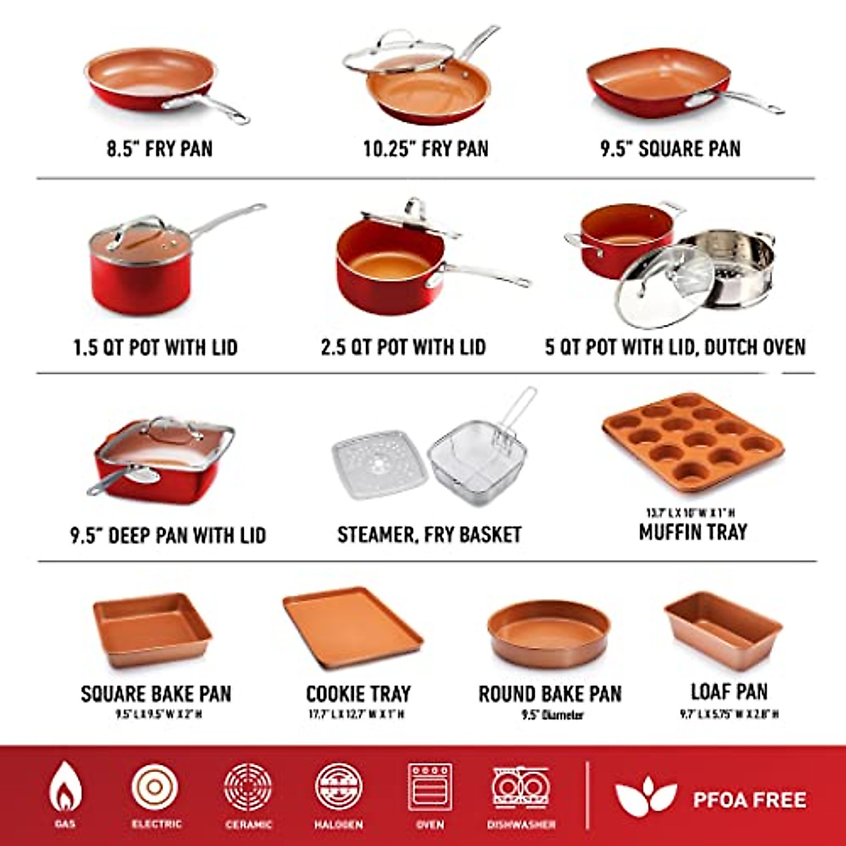 Gotham Steel 20 Pc Pots and Pans Set Nonstick Cookware Set + Bakeware Set, Complete Ceramic Cookware Set for Kitchen, Non Stick Pots and Pans Set with Lids, Dishwasher / Oven Safe, Non Toxic - Red