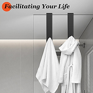 ASOQOLA Shower Door Hooks, Extended 8 inch Over Door Hooks for Bathroom Frameless Glass Shower Door, Stainless Steel Towel Hooks, Heavy Duty Non-Slip Hooks Rack for Robe Towel (Black, 2 Pack)