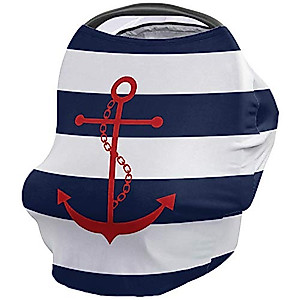 Baby Nursing Covers for Breastfeeding, Baby Car Seat Canopy Covers Scarf for Boys Girls, Nautical Anchor Stripes Canopy, Stretchy Soft Breathable Poncho Infant Stroller Cover, Navy Blue and Red