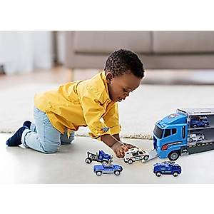 Smart Novelty Die Cast Emergency Trucks Vehicles Toy Cars Play Set in Carrier Truck - 7 in 1 Transport Truck Emergency Car Set for Kids Gifts (Police Vehicle Set)