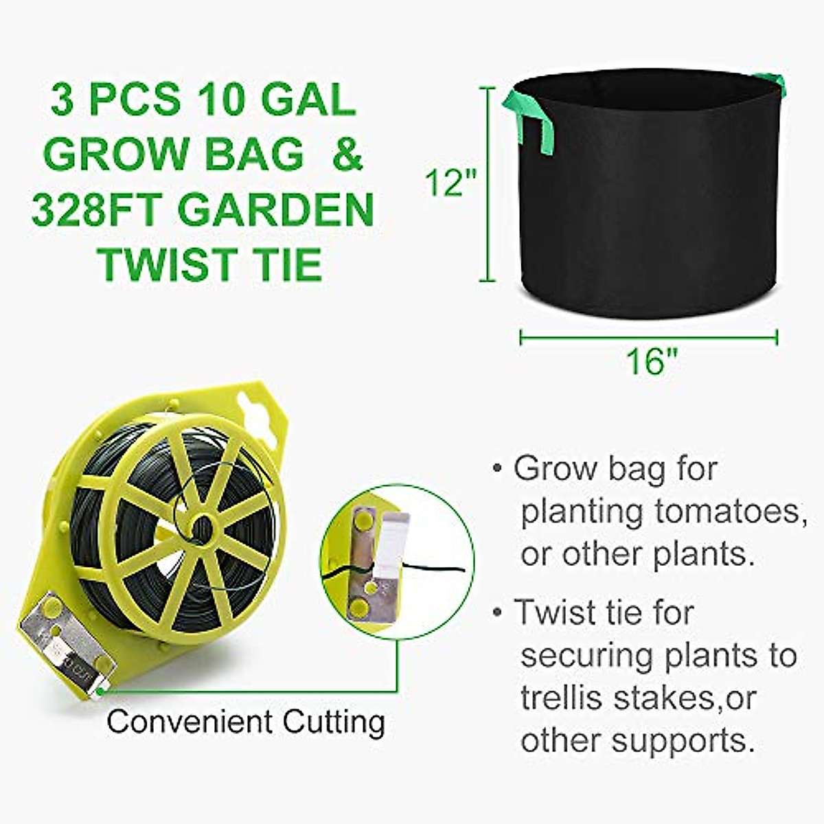 GROWNEER 3 Packs Plant Cages Assembled Tomato Garden Cages Stakes Vegetable Trellis, with 3Pcs 10 Gallon Grow Bags, 9Pcs Clips and 328Ft Twist Tie, for Vertical Climbing Plants