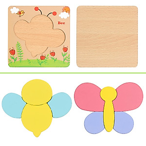 FINGOOO 2 Pack Wooden Puzzles for Toddlers 1-3,Baby Puzzle Educational Toy Gift (Butterfly Bee)