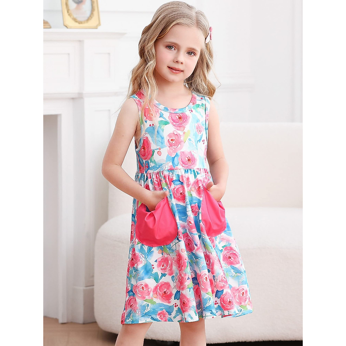 Vieille Toddler Summer Dresses 4t 5t Little Girls Flower Dress with Big Pocket Casual Sundress for Daily Playwear Holiday Party