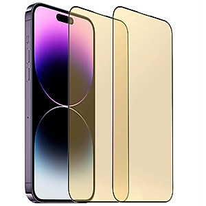 BWEDXEZ 2 PCS Anti-Blue Tempered Glass Mirror Screen Protector Film Suit for iPhone 14 Pro Max, 6.7 inch 9H Hardness Anti-scratch Full Covered (Gold)