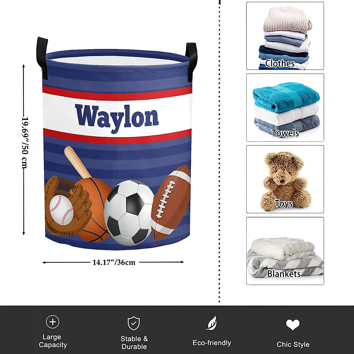 Personalized Laundry Basket Hamper,Sport Ball Striped,Collapsible Storage Baskets with Handles for Kids Room,Clothes, Nursery Decor