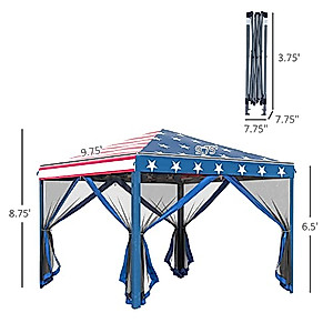 Outsunny 10' x 10' Pop Up Canopy Tent with Netting and Portable Carry Bag, Instant Sun Shelter, Tents for Parties, Height Adjustable, for Outdoor, Garden, Patio, American Flag
