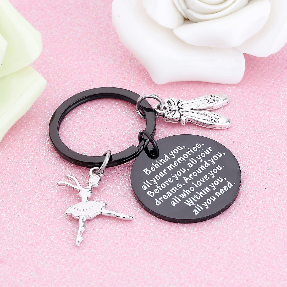 FEELMEM Ballet Dancing Gifts Dance Class Dancer Gift Dance Recitals Gift Behind You All Your Memories Keyring Graduation Gift(black)