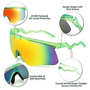 FEISEDY Sunglasses for Men and Women, Polarized Large Retro Rimless Glasses for Baseball, Cycling, Sports (B4073, Transparent Green Frame/Red Mirror)