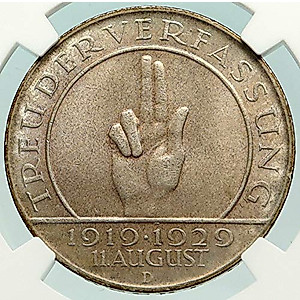 1 DE 1929D GERMANY Weimar Constitution President Hinde 3 Mark MS 64 NGC
