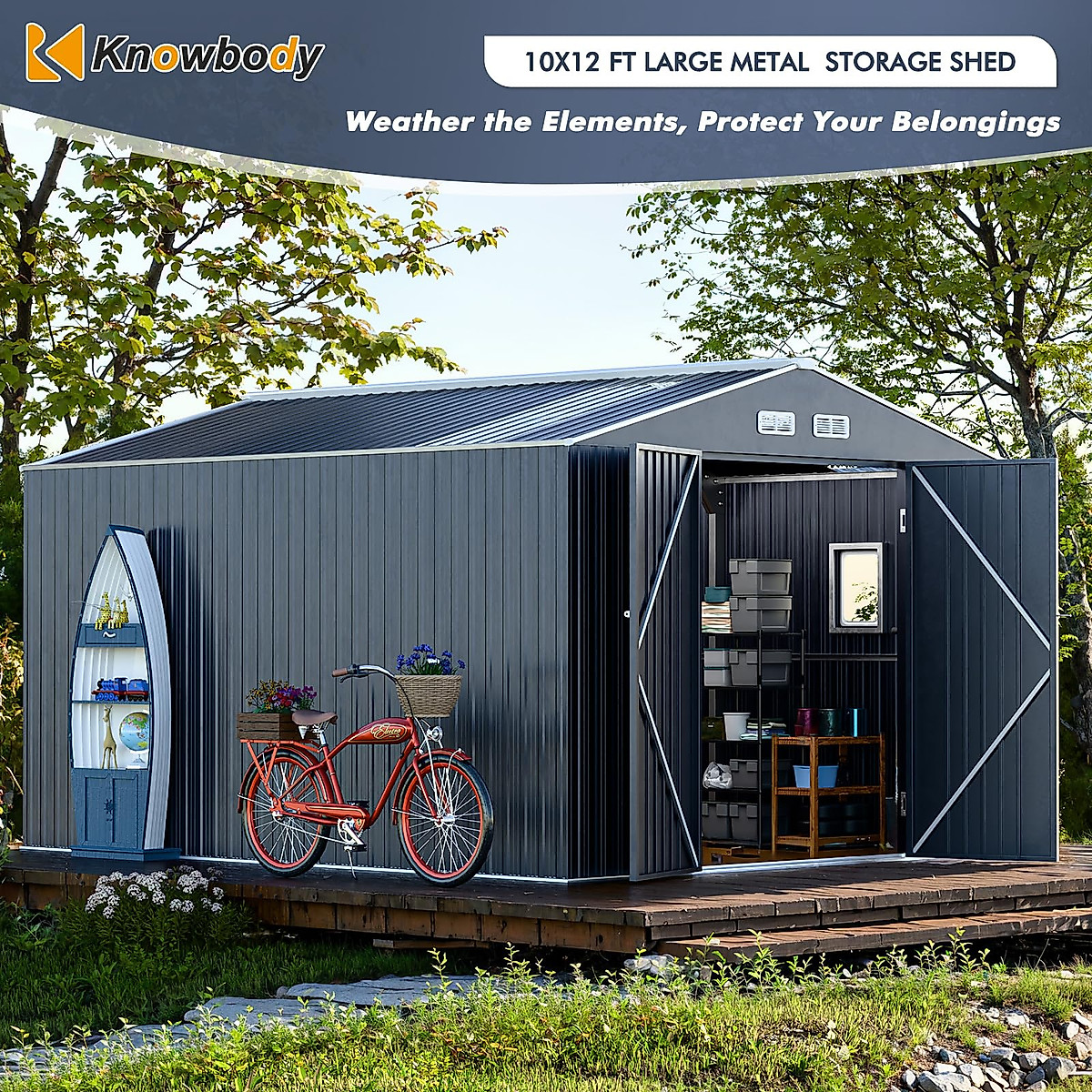 10x12x7 FT Metal Shed Outdoor Storage with Reinforcement, Natural Lighting Tool Sheds with Translucent Roof Panels, Windows, and Lockable Doors, Ideal for Garden, Backyard, and Patio