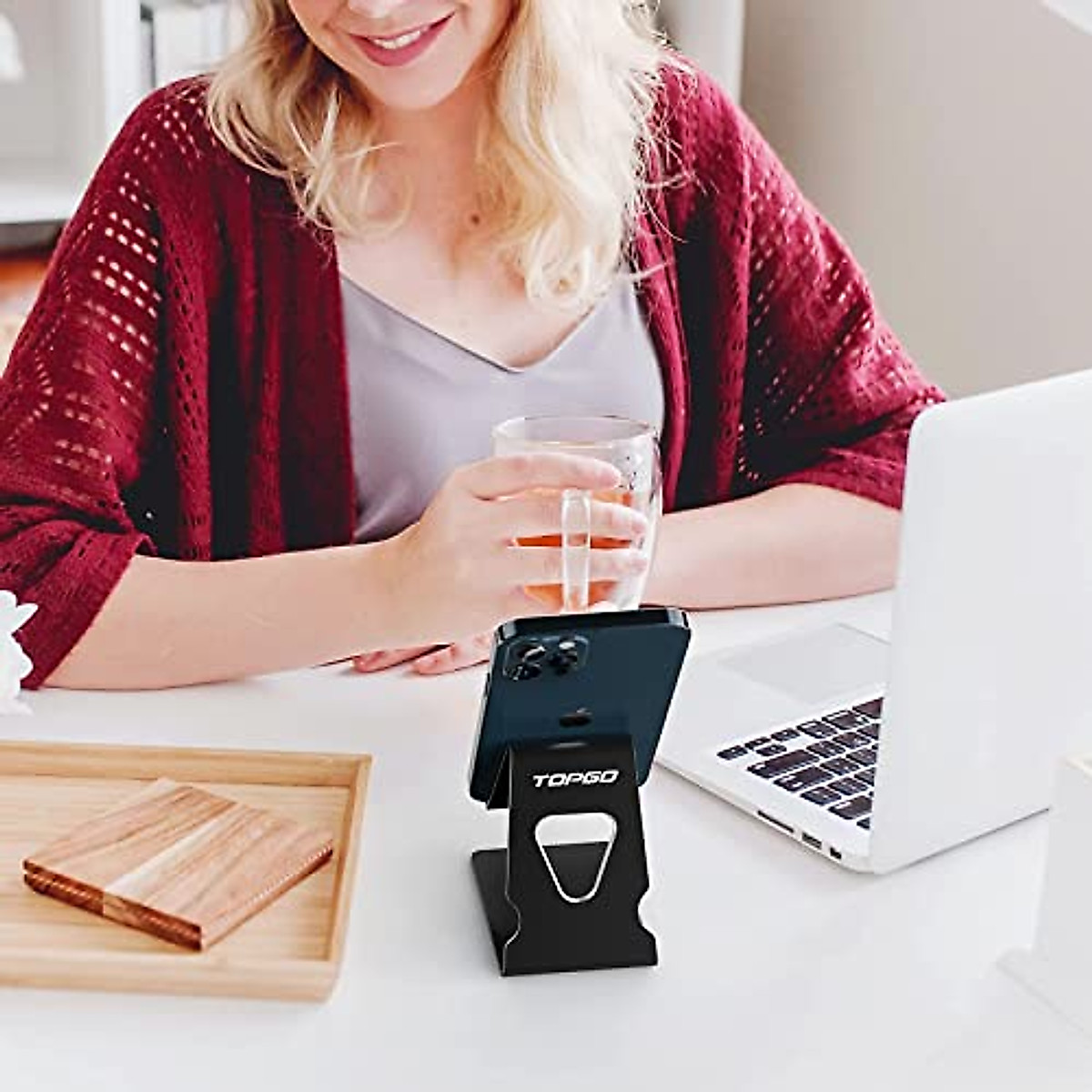 Cell Phone Stand (Black & Grey), Phone Dock, Cradle, Holder, Aluminum Desktop Cellphone Stand with Cable Collective for Office Desk, Bedside Table Compatible with iPhone 12 11 Pro Max