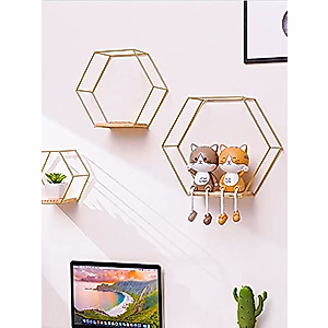 SFTYUFS Floating Shelves Wall Mounted Floating Hexagon Shelves, Metal Framed Gold Shelves with Wood Based in Modern Chic Style, for Wall Storage & Display in Living Room Bedroom