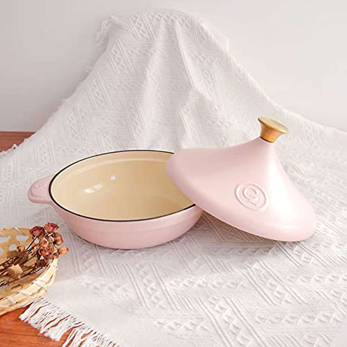 2.6L Moroccan Tagine, Enameled Cast Iron Cooking Pot, Tajine Pot with Cone-Shaped Closed Lid for Stew Casserole Slow Cooker Cookware (Matte Pink)