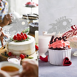 Silver Rocket 6th Birthday Cake Topper, Glitter Boy Girl Space 6 Years Birthday Party Decoration