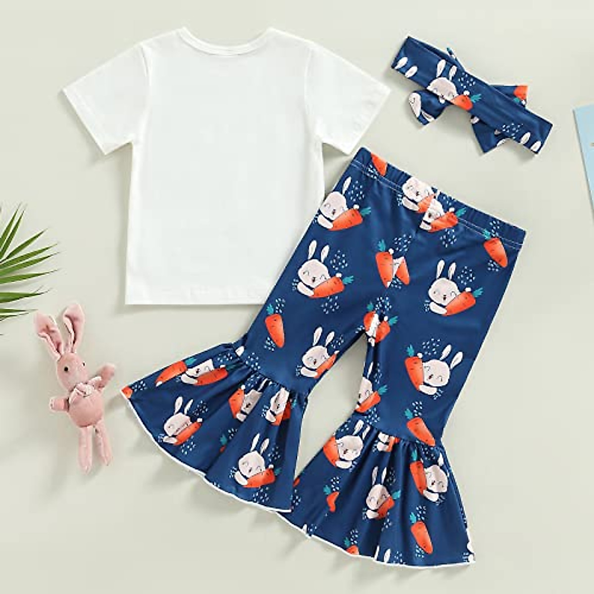 Baby Girl Easter Outfits Short Sleeve Bunny Egg Print T-Shirt Long Flare Pants Clothing Set Toddler Summer Outfit (Blue+White,4-5T)