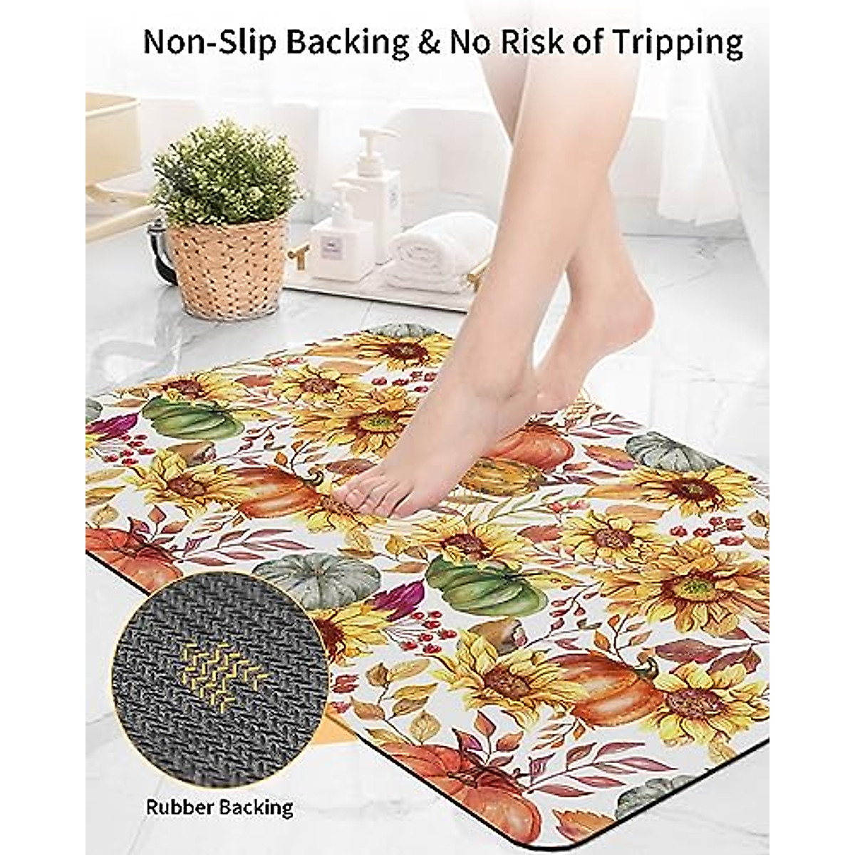 Bathroom Floor Shower Mat, Non-Slip Small Rugs - Easy to Clean, Thanksgiving Pumpkin Sunflower Fall Durable Bath Rug 24"x36" Washable Quick Dry Diatomaceous Earth Mats for Bathtubs