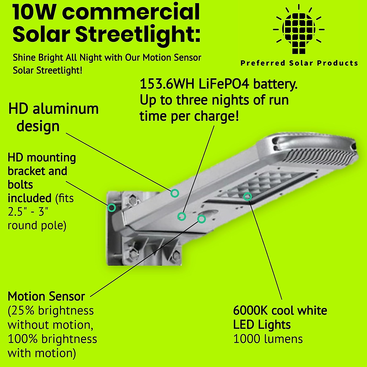 Commercial Heavy Duty LED Solar Street Light, Dusk to Dawn, 6000K, LED Motion Sensor Light for Yard, 10W