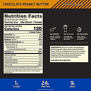 Optimum Nutrition Gold Standard 100% Micellar Casein Protein Powder, Slow Digesting, Helps Keep You Full, Overnight Muscle Recovery, Chocolate Peanut Butter, 4 Pound (Packaging May Vary)