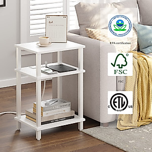 TUTOTAK End Table with Charging Station, Side Table with USB Ports and Outlets, Nightstand, 3-Tier Storage Shelf, Sofa Table for Small Space TB01BW042