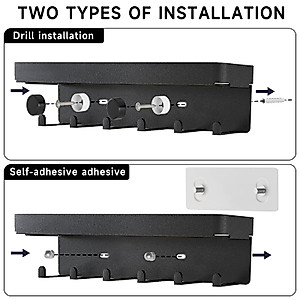 SZUGCOTD Key Holder for Wall Rustic Key and Mail Organizer 6 Key Hooks with Shelf Small Key Rack with Tray Adhesive Key Hanger Wall Mount for Entryway Hallway Living Room Decor, Metal, Matte Black