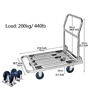 Generic Platform Hand Truck Foldable Hand Truck Heavy Duty Stainless Push Cart Flatbed Trolley with Hollow Out Platform for Luggage Baggage Moving Transport Foldable (Size : 50 * 70)