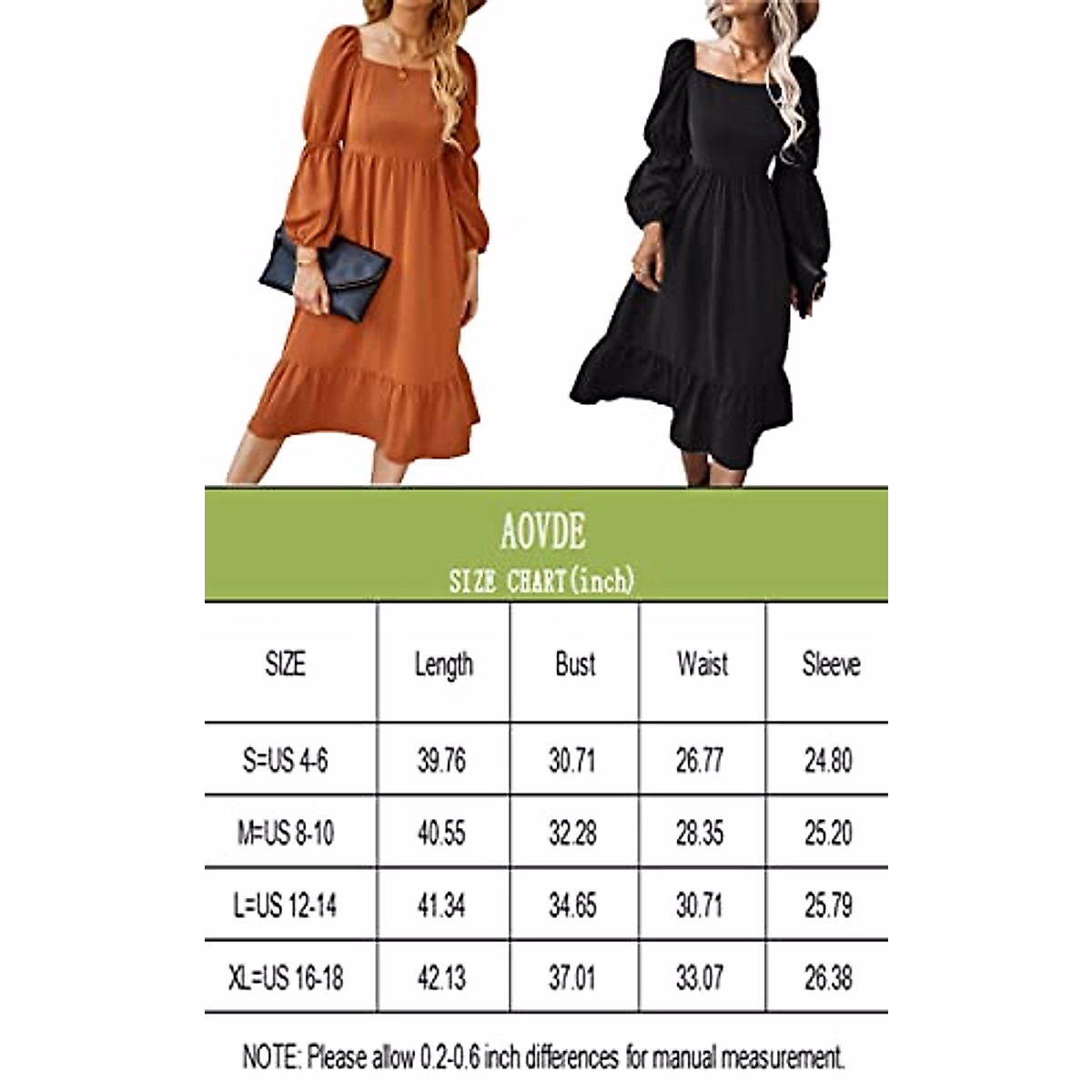 AOVDE Women's Square Neck 3/4 Sleeve Dress Solid Color High Waist Fall Dress Casual Party Flowy Midi Dress Green Small
