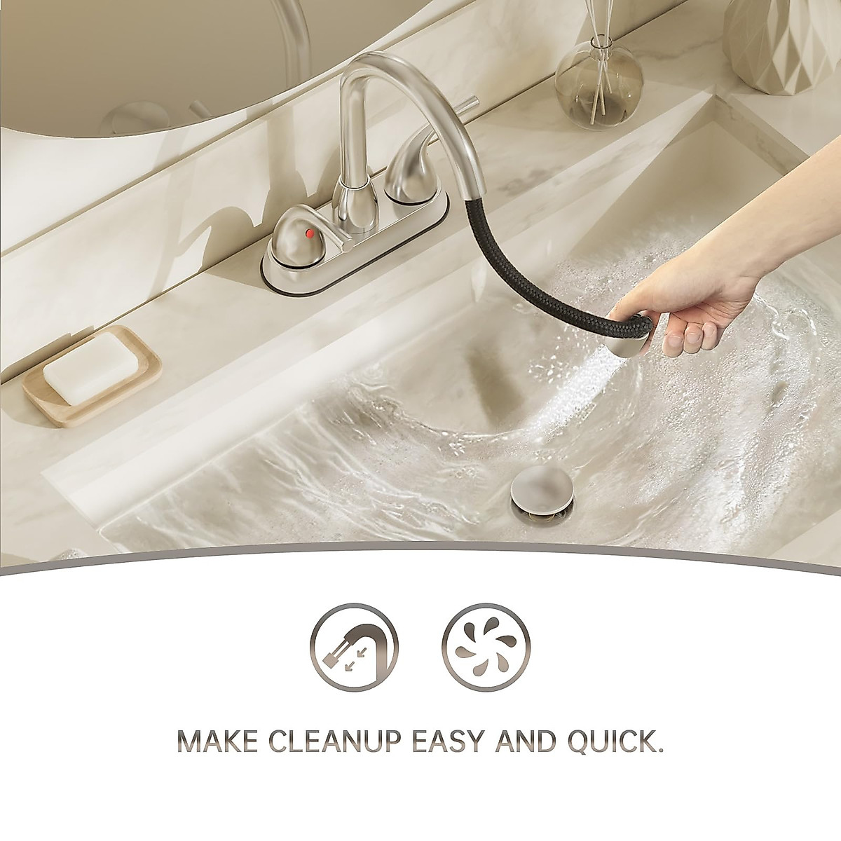 Phiestina Pull Down Sprayer Chrome 4 Inch Bathroom Faucet，3 Hole Centerset Pull Out Bathroom Sink Faucet，with 360 Swivel Spout，Metal Pop-Up Drain and Water Supply Lines，BF04007-B11-C