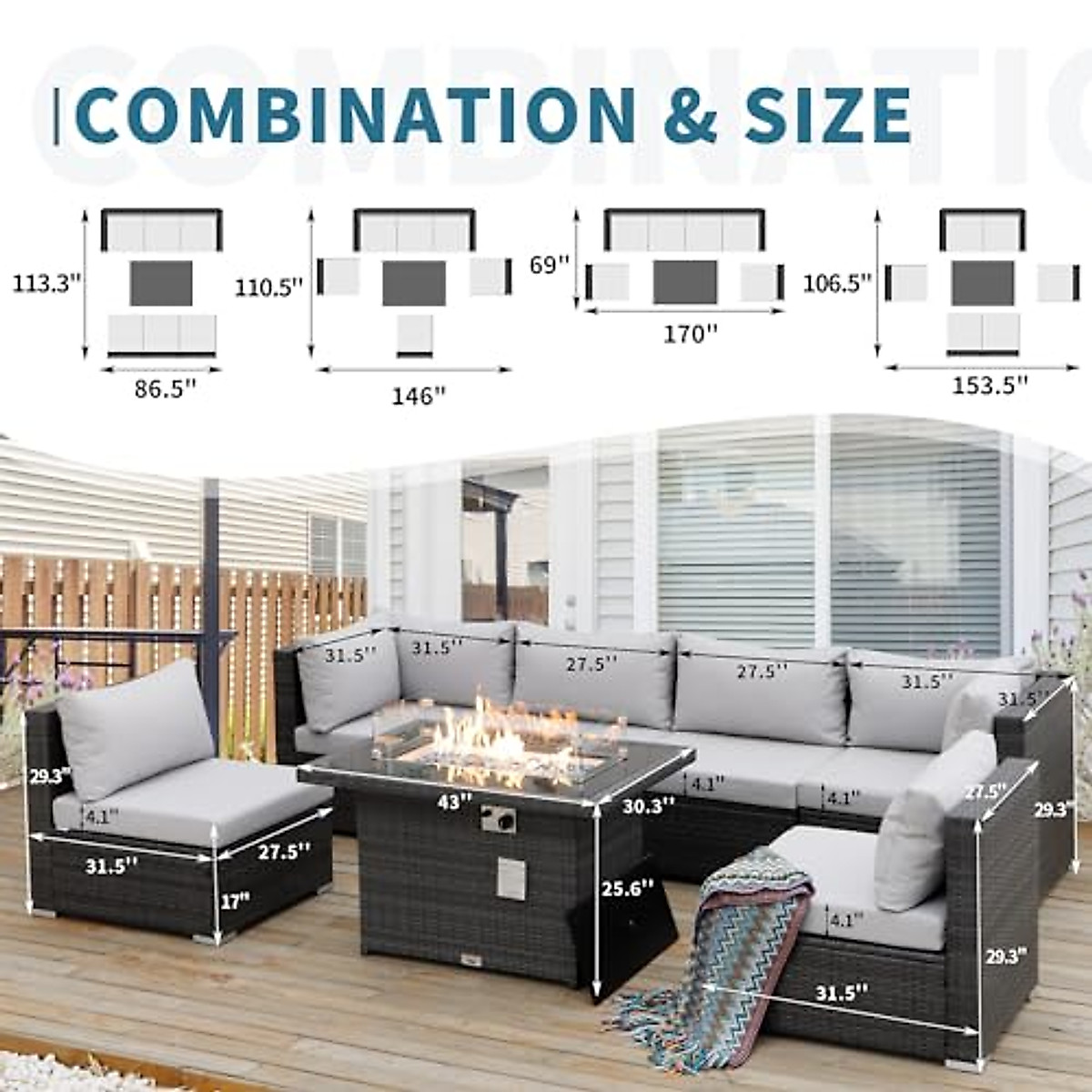 NICESOUL® 7Pcs High-End Extra Large Outdoor Patio Furniture Set with Natural Gas/Propane Firepits,Wicker Sectional Couches with Fire Table, 29.3''High Back Conversation Sofas