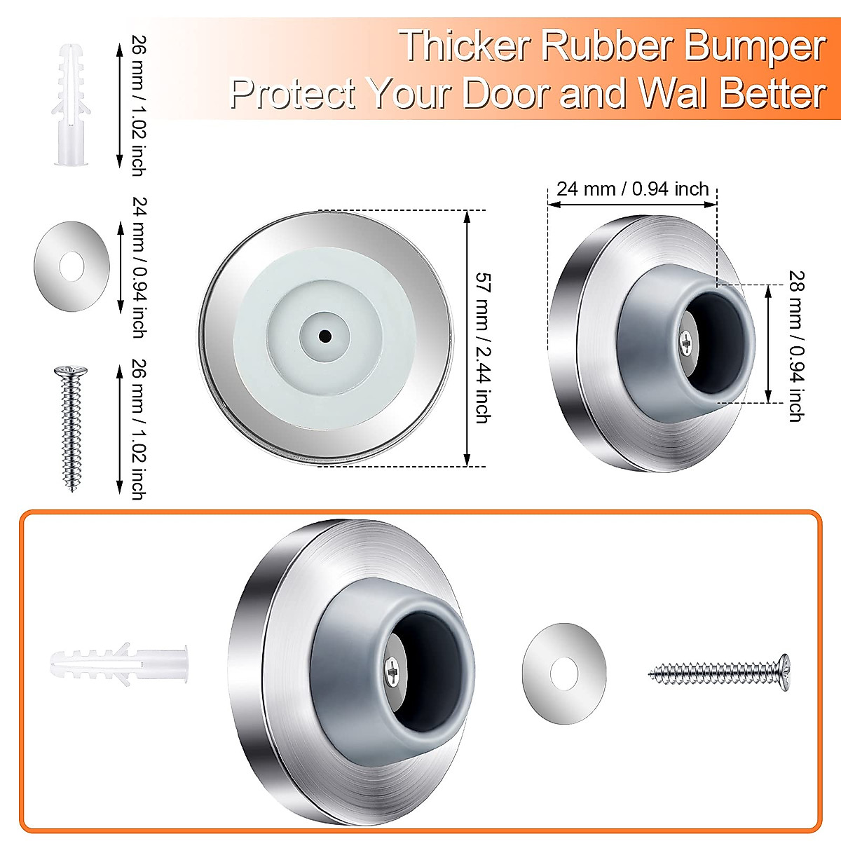 Concave Wall Door Stopper Door Bumper Stainless Steel Wall Protector Door Stops Wall Mount Flush Bumper with Grey Rubber Concave Door Knob Cover Stopper (Silver,4 Pieces)