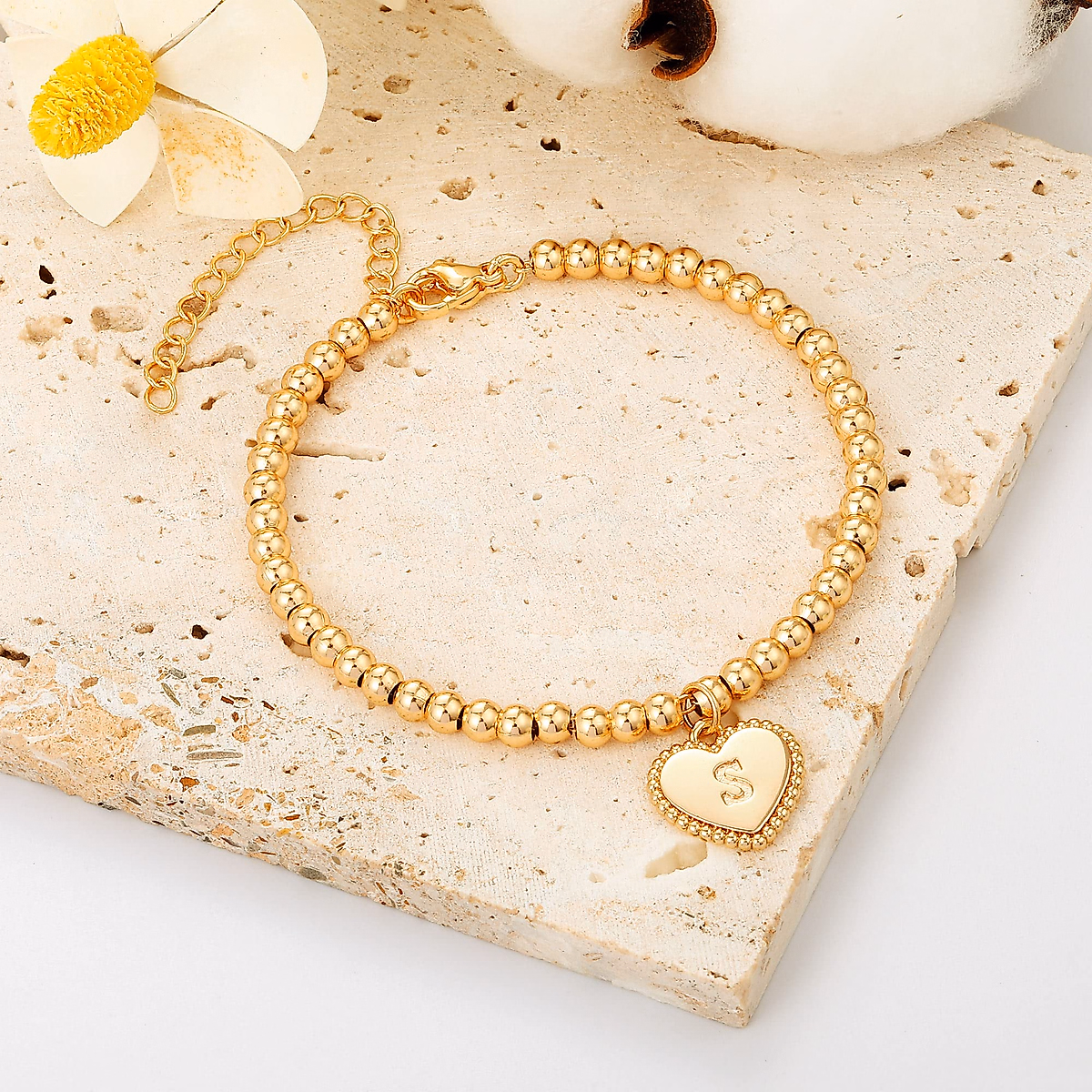 Initial Gold Bracelets for Women, 14k Gold Plated Initial C Bracelets for Women Bead Gold Bracelets for Women Dainty Heart Gold Bracelets for Women Gold Jewelry Gifts for Women