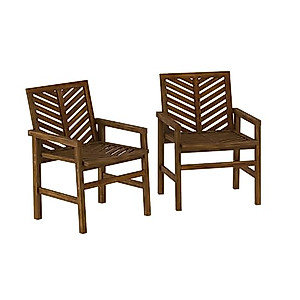 Walker Edison 2 Piece Outdoor Patio Chevron Wood Chair Set All Weather Backyard Conversation Garden Poolside Balcony, Set of 2, Dark Brown