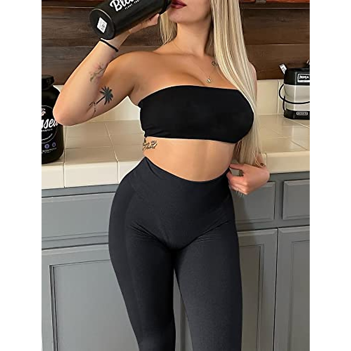 SEASUM High Waist Seamless Workout Legging for Women Side Shadows Booty Leggings Butt Lift Gym Yoga Pants Black M