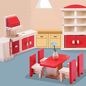 Toydaze Wooden Dollhouse Furniture Set with 35pcs Furnitures with 4 Family Dolls, Dollhouse Accessories are Gift for Girls Boys Age 3+