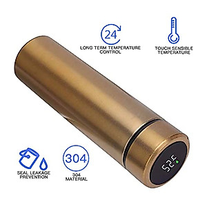 Thermos 2023 latest smart bottle LED display on lid. Smart Coffee bottle, Tea Infuser Bottle, Sports Water Bottle, Double Wall Vacuum Insulated Water Bottle, Stay Hot or Cold for 24 Hours (gold)
