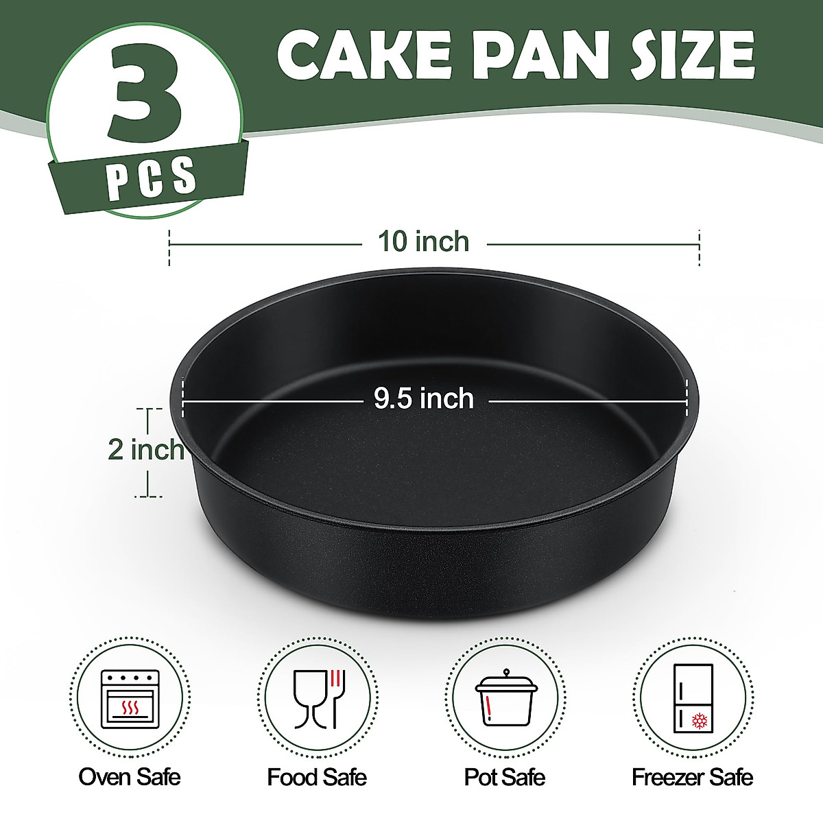 E-far 9.5 Inch Cake Pan Set of 3, Nonstick Round Baking Layer Cake Pans, Stainless Steel Core & Non-Toxic Coating, 2 Inch Deep (Black)