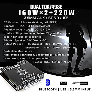 TDA7498E Bluetooth Power Amplifier Board with Subwoofer 2.1 Channel 160W×2+220W, 15V-36V Audio Power Amplifier Module with Treble and Bass Control,Black