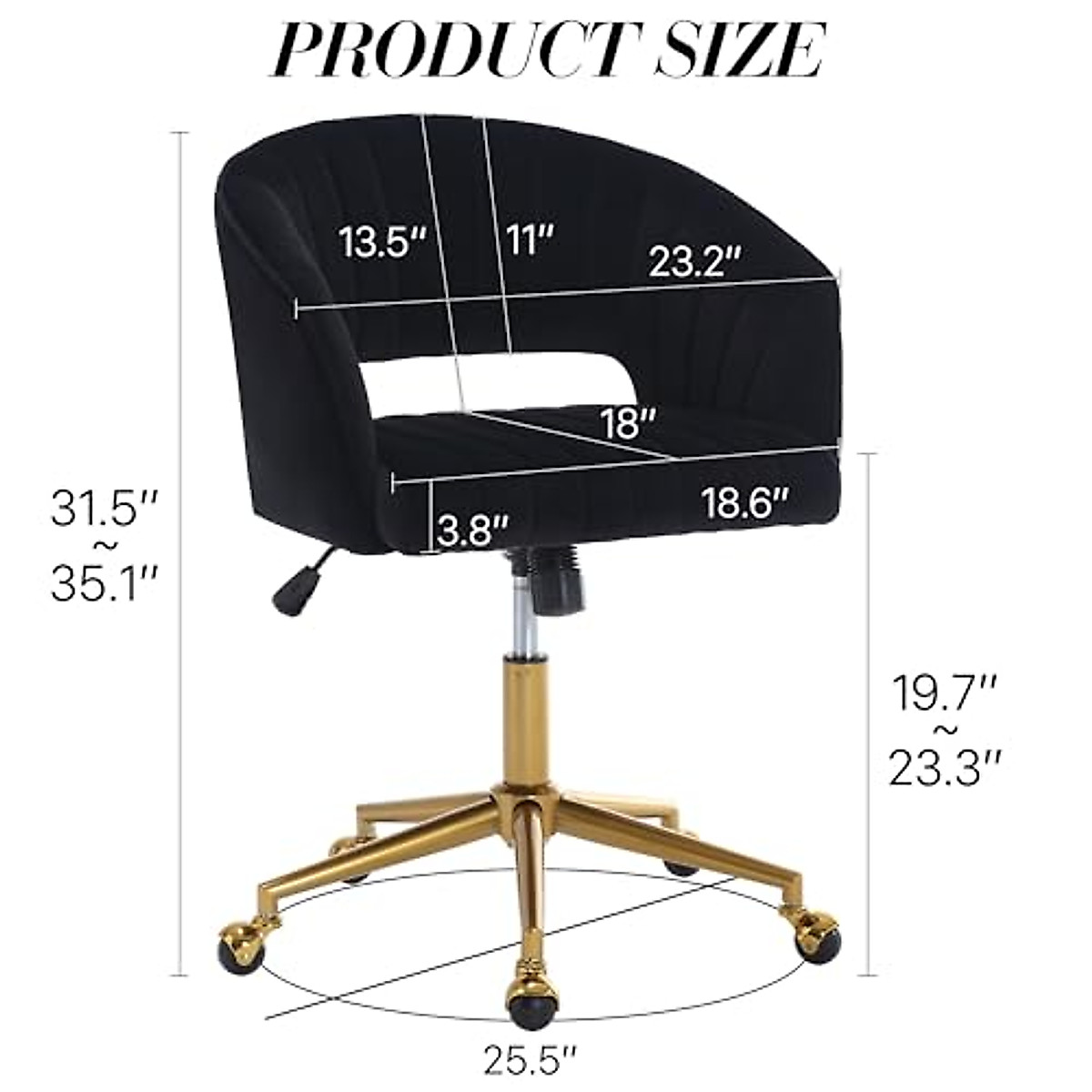 Home Office Chair Swivel Velvet Desk Chair Accent Armchair Upholstered Modern Tufted Chairs with Gold Base for Girls Women Ergonomic Study Seat Computer Task Stools for Living Room(Black)