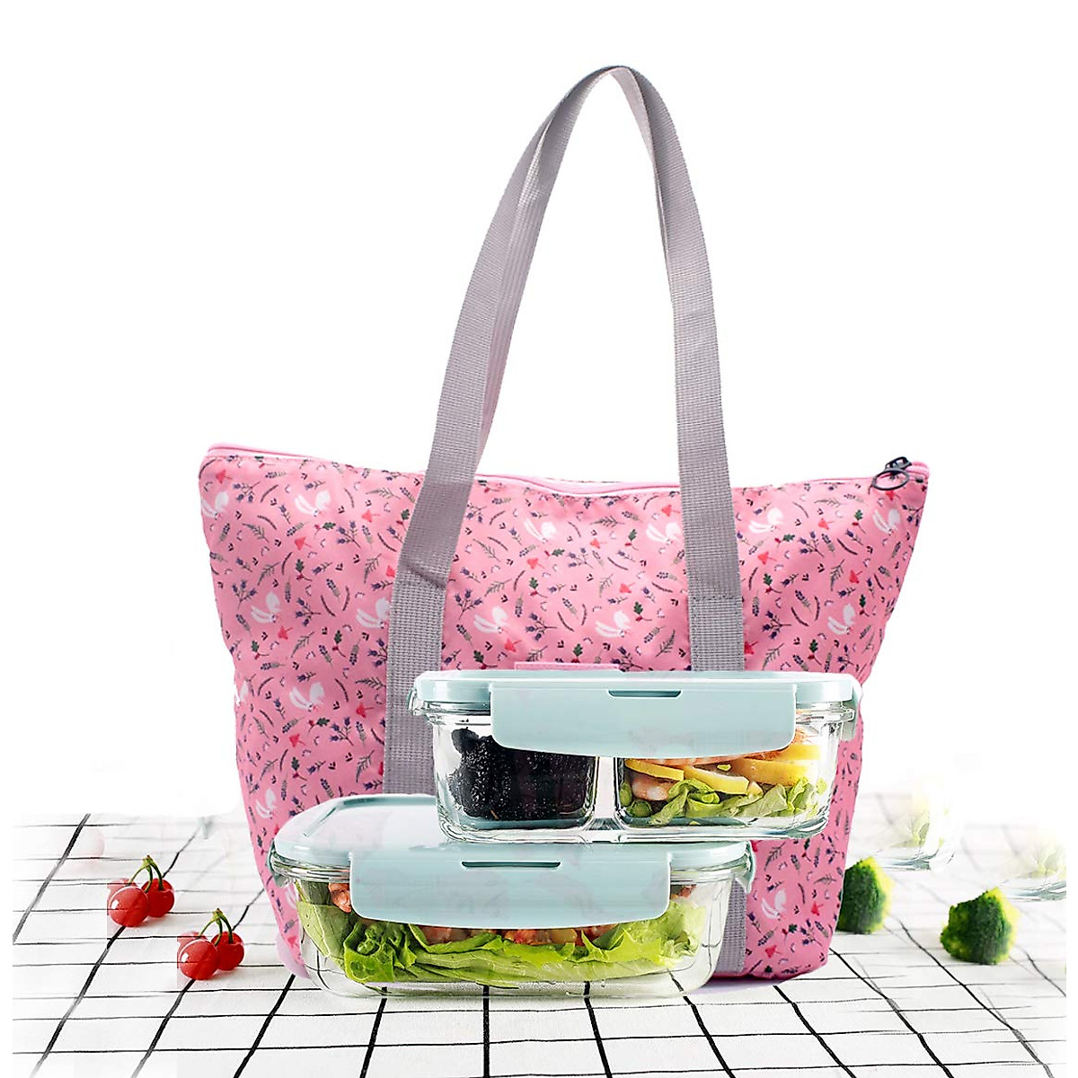 Heicat Reusable Lunch Bag Tote Bag for Women - Insulated Lunch Bag Lunch Box - Aluminum Foil Insulated Zip Cooler Bag - Pink Rabbit