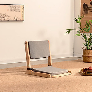 Tatami Chair Accent Furniture,Foldable Meditation Floor Chair, Living Room Chair Floor Seat, Portable Japanese Legless Chair,Lazy Sofa for Bay Window Meditation Reading (Wood Natural + Grey Cushions)
