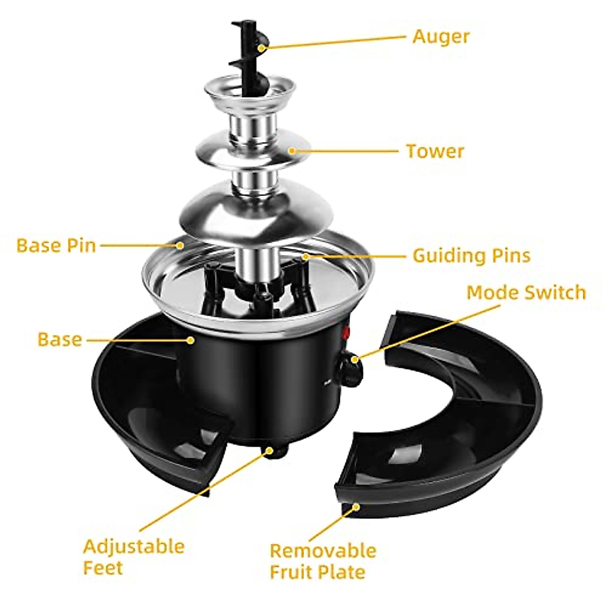 Micnaron 3 Tiers Chocolate Fountain Chocolate Fondue FountainElectric Melting Chocolate Machine Mini Hot Chocolate Fondue Pot Stainless Steel Heated Basin Chocolate Fountain With Fruit & Nut Plate For Nacho Cheese, BBQ Sauce, Ranch, Liqueurs（Black）
