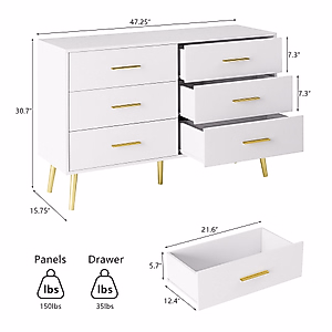 LYNSOM White Dresser for Bedroom, 6 Drawer Wood Double Dresser with Gold Handles, Modern Wide Chest of Organizer Storage Drawers for Living Room, Hallway, Entryway
