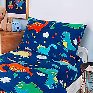 Cloele Dinosaur Toddler Bedding Set - 3 Piece Toddler Bed Set for Boys Includes Reversible Quilted Comforter Fitted Sheet Reversible Pillowcase Microfiber Soft Standard Toddler Comforter & Sheet Set